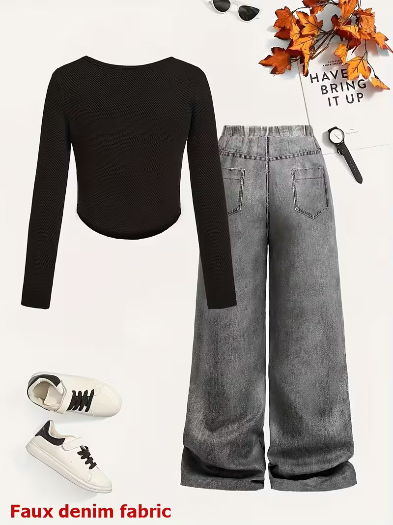 Hello Kitty Imitation Denim Straight Pants Two-Piece Set – The Lady Bug Store