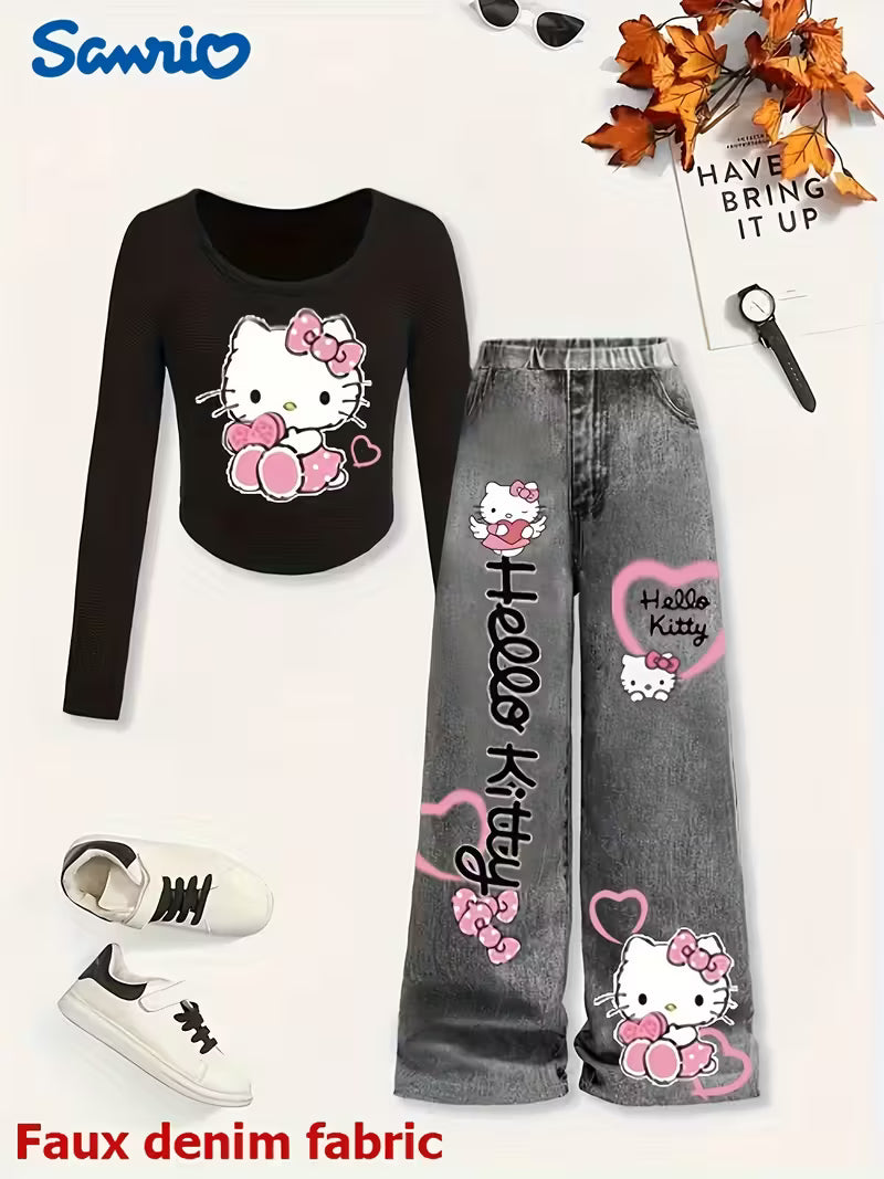 Hello Kitty Imitation Denim Straight Pants Two-Piece Set – The Lady Bug Store